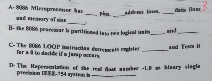 Solved A- 8086 Microprocessor has ___ pins,___ address | Chegg.com