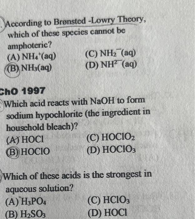 Solved According to Brønsted -Lowry Theory, which of these | Chegg.com