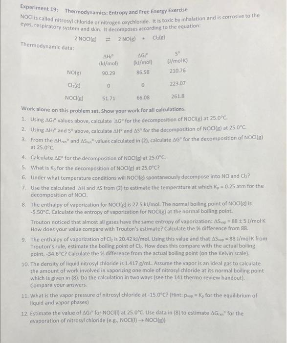 Solved Experiment 19: Thermodynamics: Entropy and Free | Chegg.com