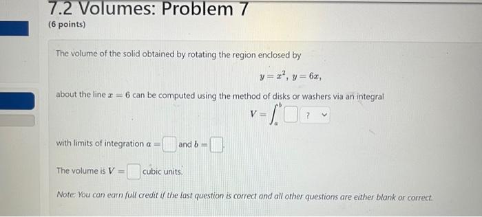 Solved 7.2 Volumes: Problem 7 (6 points) The volume of the | Chegg.com