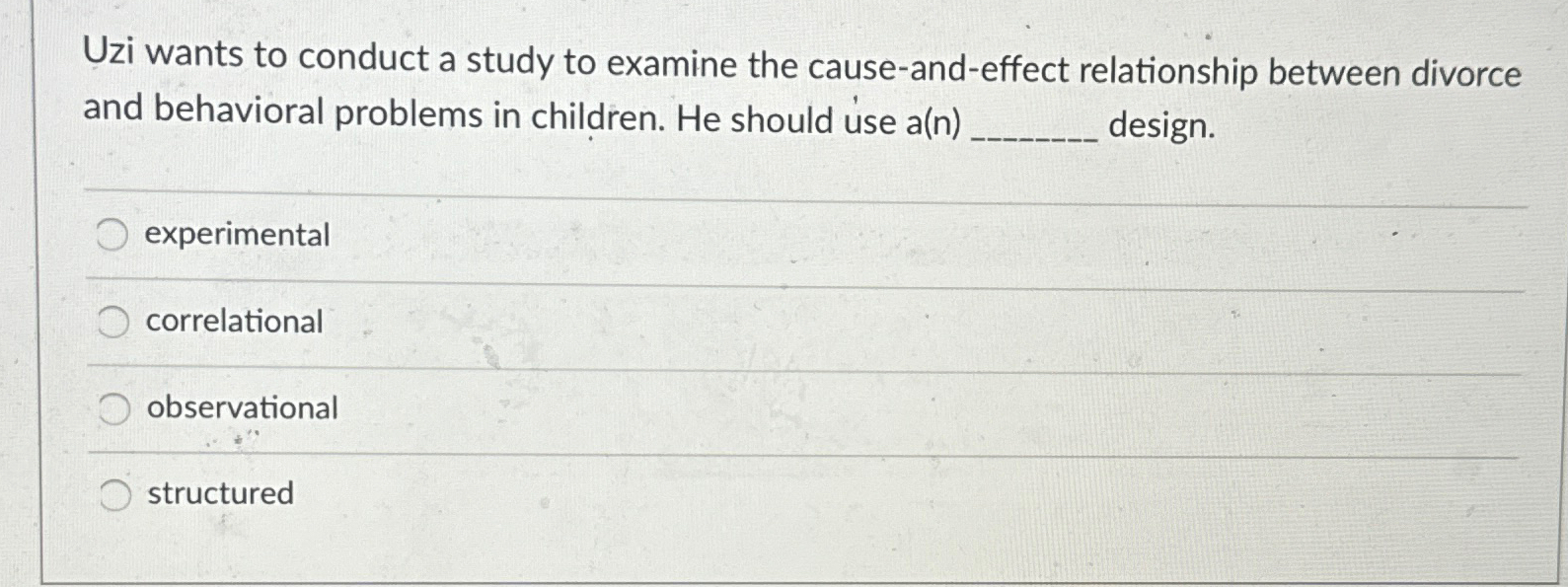 Solved Uzi wants to conduct a study to examine the | Chegg.com