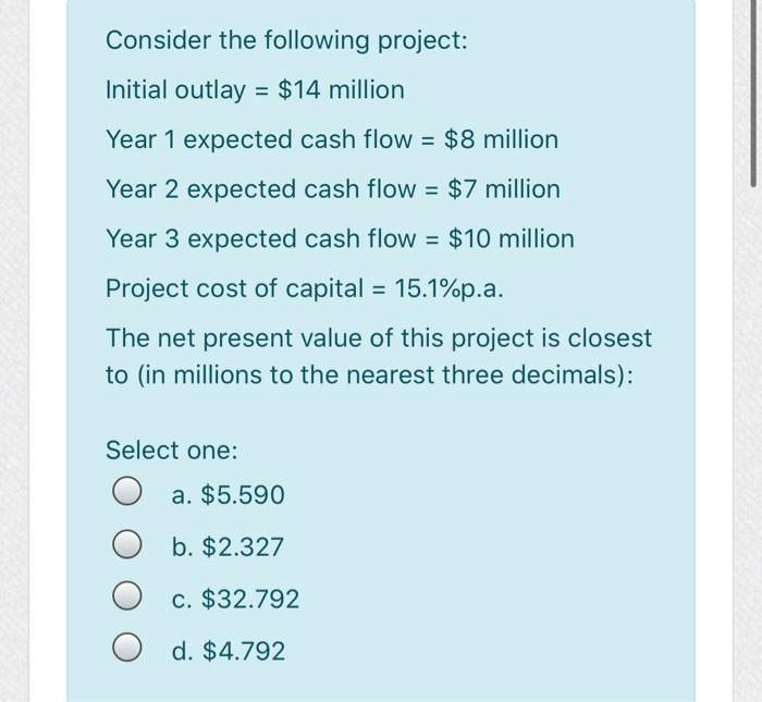 Solved Consider the following project: Initial outlay = $14 | Chegg.com