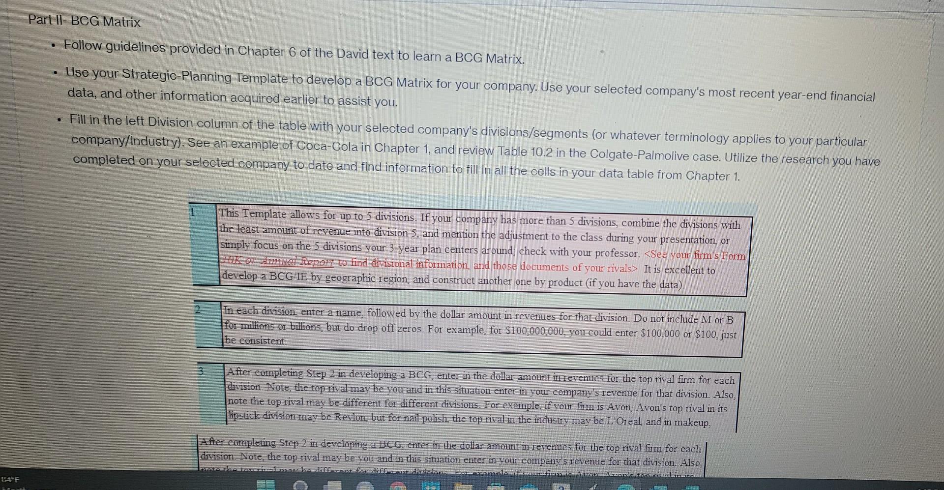 Solved Part II-BCG Matrix - Follow guidelines provided in | Chegg.com