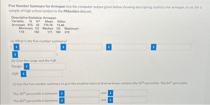 Solved Five number summary for Armspan. use the computer | Chegg.com