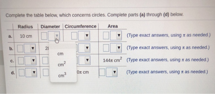 Solved Complete the table below, which concerns circles. | Chegg.com