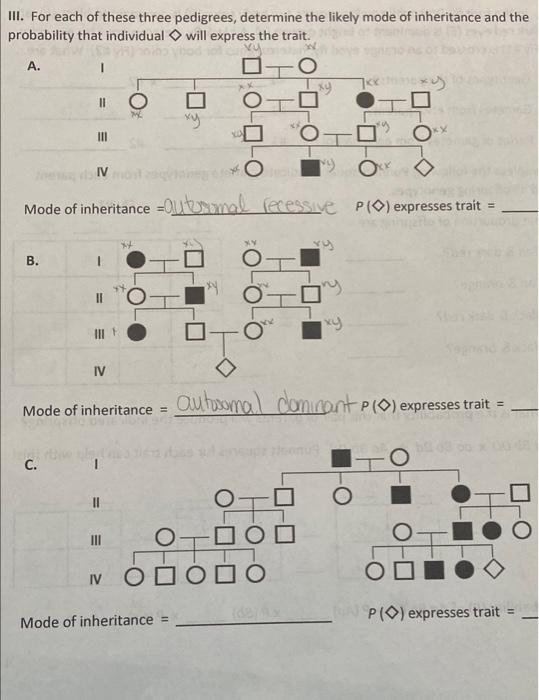 Solved III. For each of these three pedigrees, determine the | Chegg.com