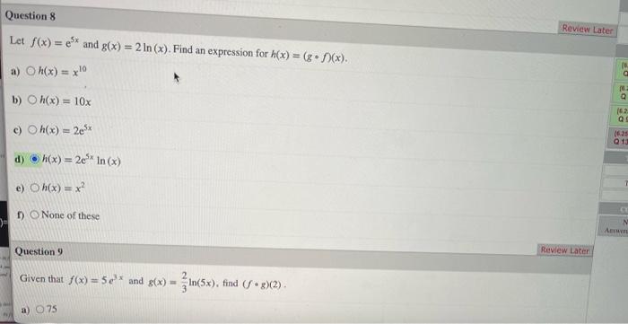 Let f(x)=e5x and g(x)=2ln(x). Find an expression for | Chegg.com