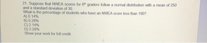 Solved 21. Suppose that NWEA scores for 6−n graders follow a | Chegg.com
