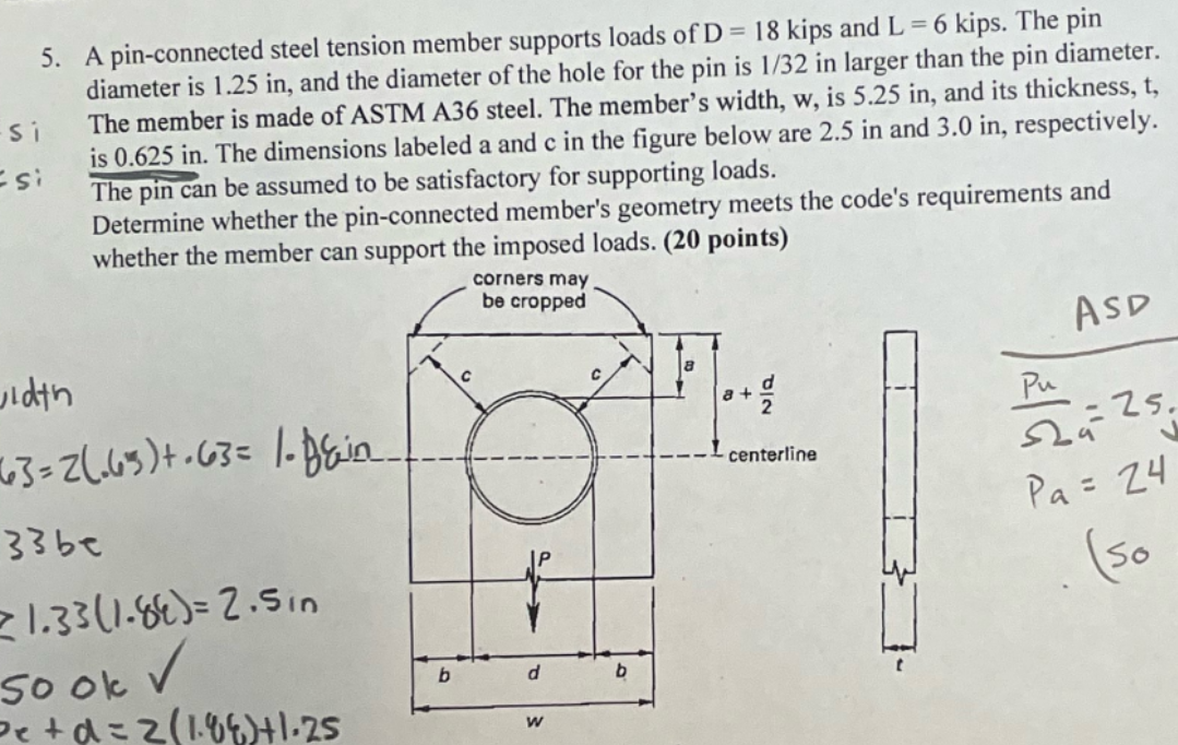 A pin-connected steel tension member supports loads | Chegg.com