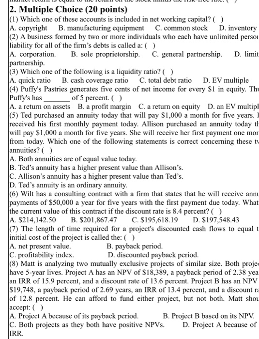 Solved 2. Multiple Choice (20 points) (1) Which one of these | Chegg.com