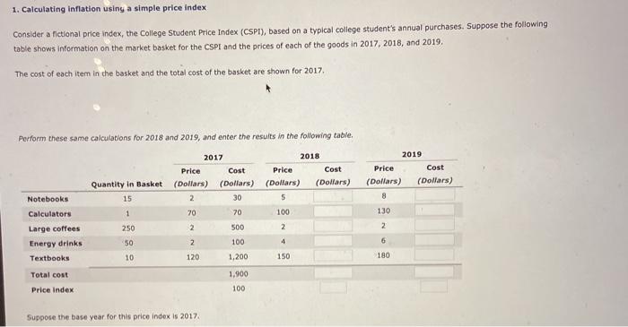Solved 1. Calculating inflation using a simple price index | Chegg.com