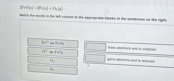Solved 2FeO(s)→2Fe(s)+O2( g) Match the words in the left | Chegg.com