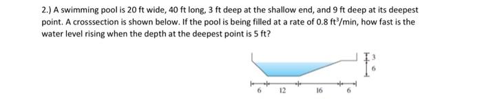 Solved 2.) A swimming pool is 20ft wide, 40ft long, 3ft deep | Chegg.com