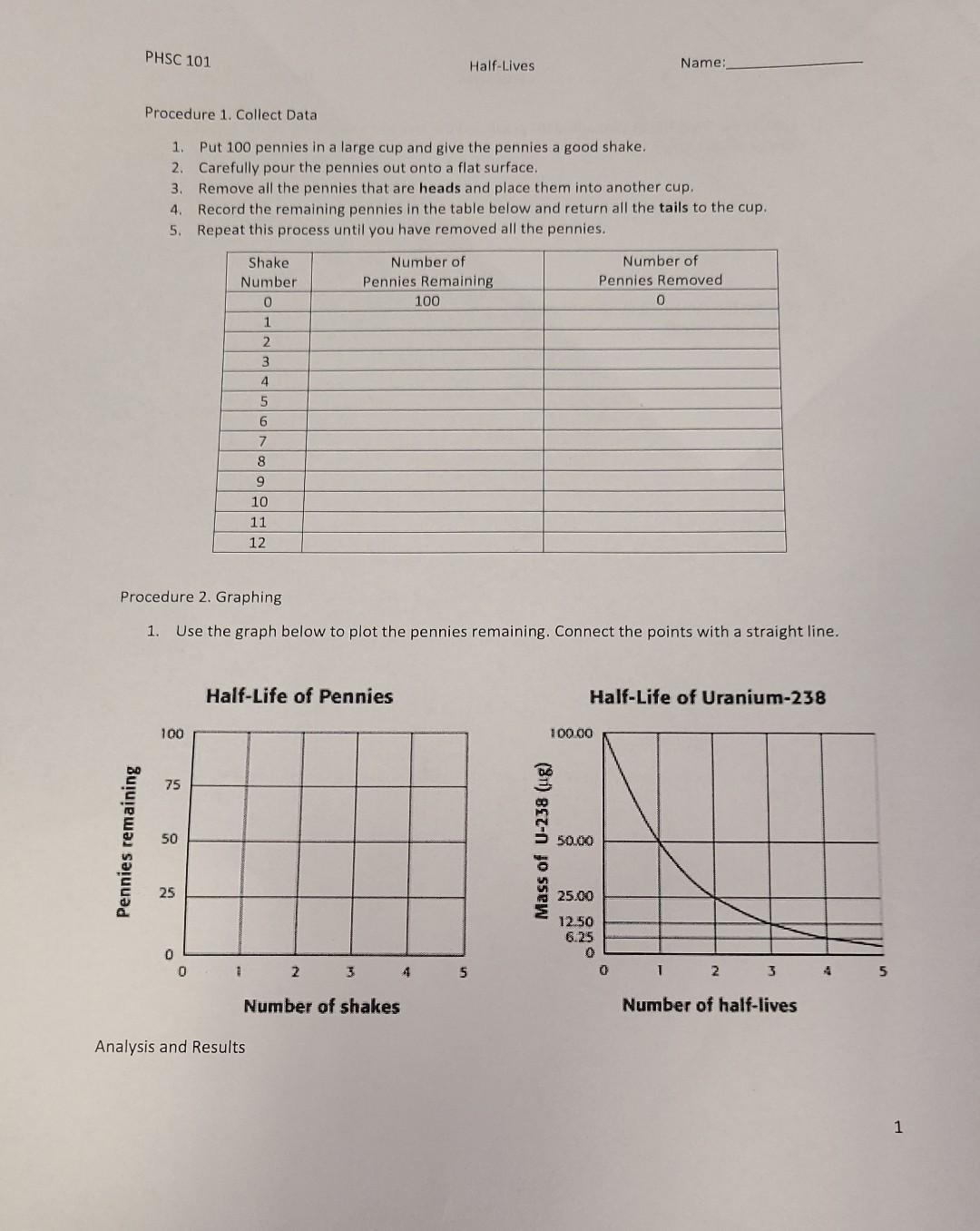 Solved PHSC 101 Half-Lives Name: Procedure 1. Collect Data | Chegg.com