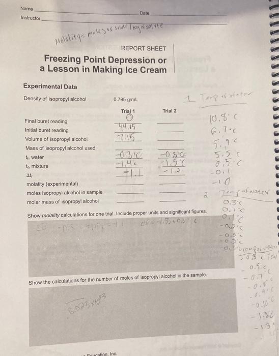 REPORT SHEET Freezing Point Depression or a Lesson in | Chegg.com
