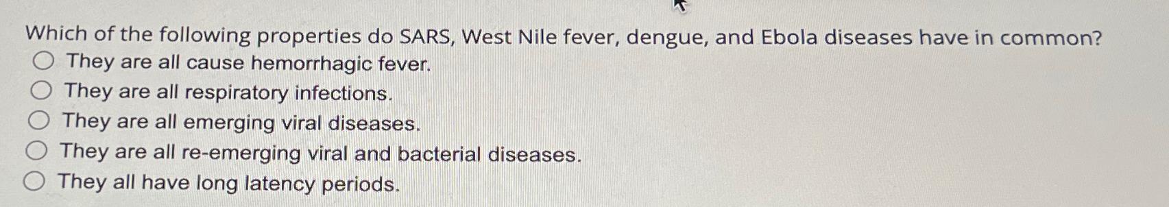 Solved Which of the following properties do SARS, West Nile | Chegg.com