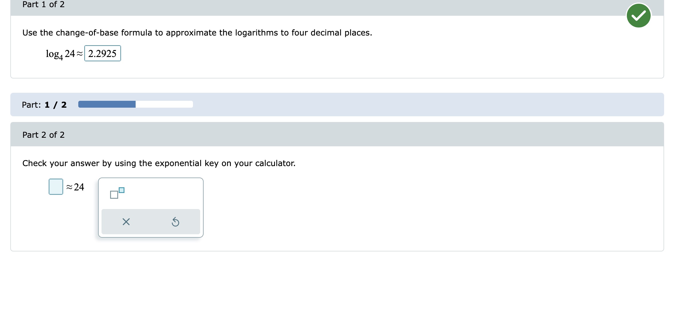 Solved Part 1 ﻿of 2Use the change-of-base formula to | Chegg.com