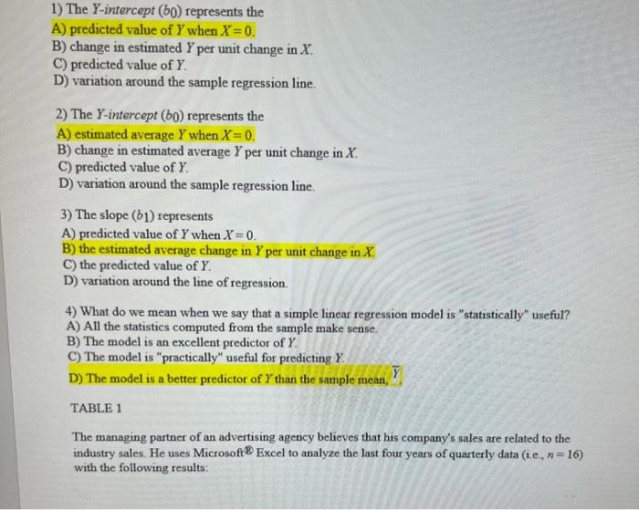 Solved 1) The Y-intercept (b0) represents the A) predicted | Chegg.com