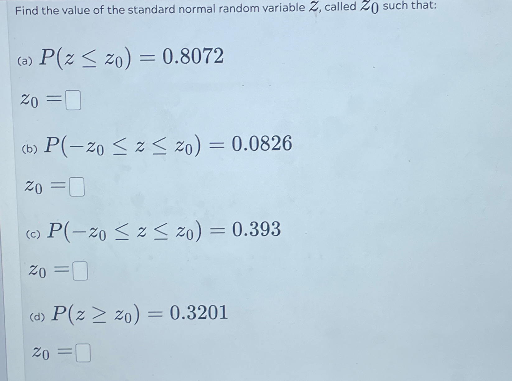 Find the value of the standard normal random variable | Chegg.com