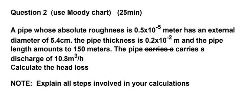 Question 2 (use Moody chart) (25min) A pipe whose | Chegg.com