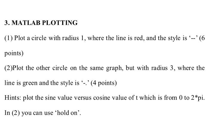 Solved 3. MATLAB PLOTTING (1) Plot a circle with radius 1, | Chegg.com
