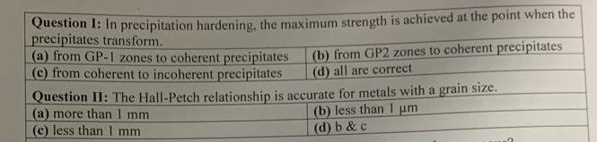 Solved Question I: In precipitation hardening. the maximum | Chegg.com