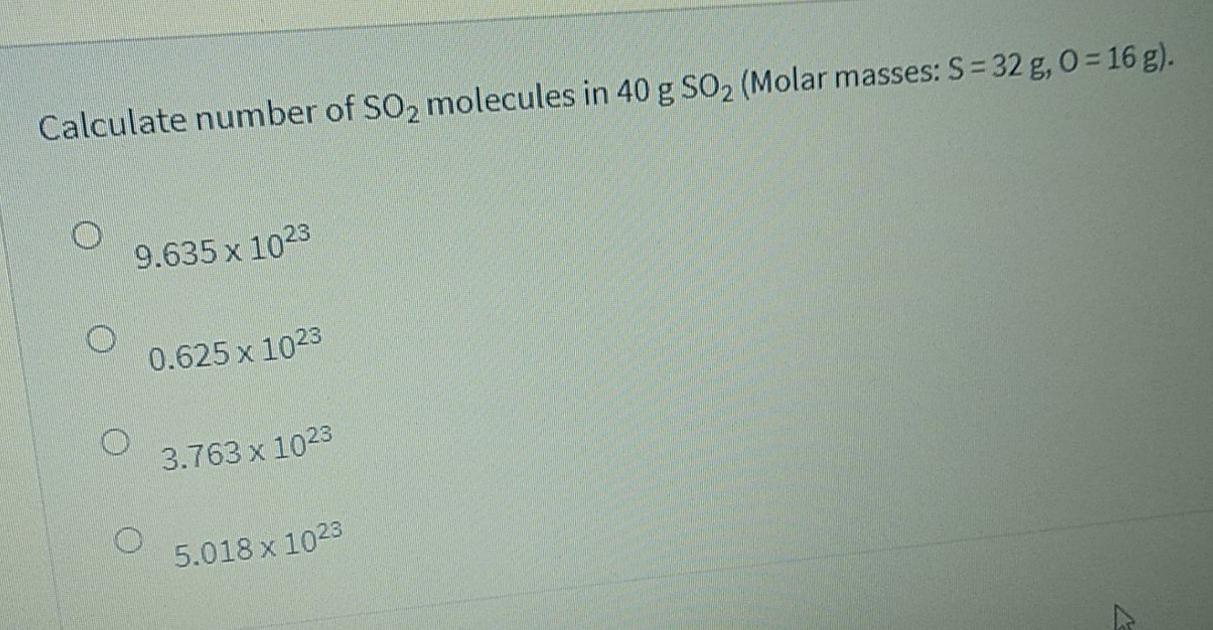 Solved Calculate number of SO2 molecules in 40 g SO2 (Molar | Chegg.com