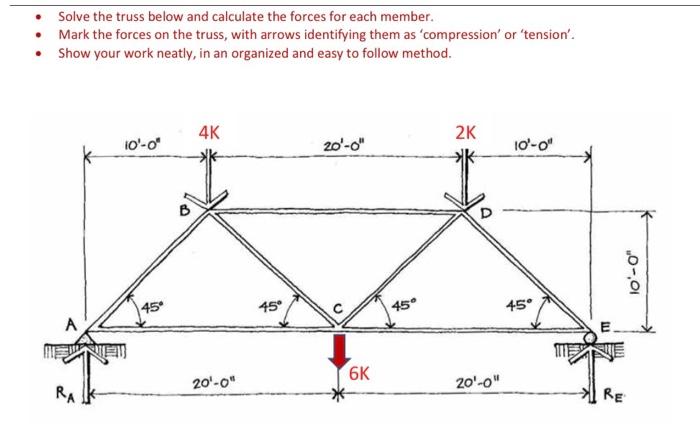 Solved - Solve the truss below and calculate the forces for | Chegg.com