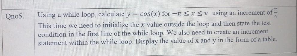 Solved Using a while loop, calculate y=cos(x) for −π≤x≤π | Chegg.com