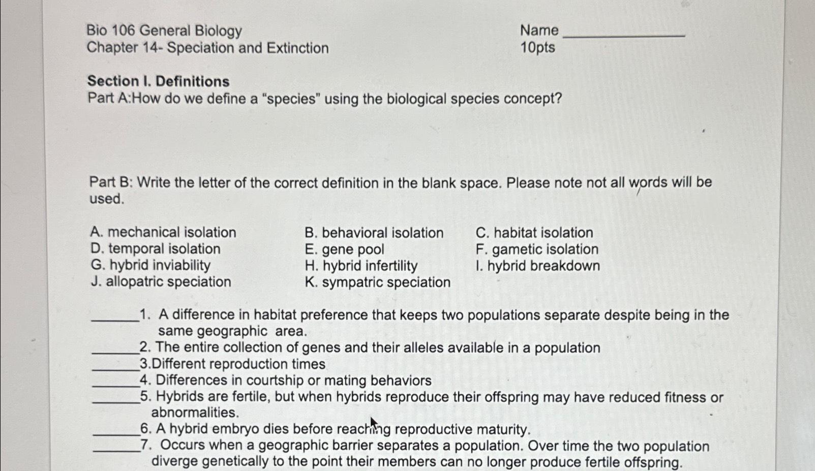 Solved Bio 106 ﻿General BiologyChapter 14- ﻿Speciation and | Chegg.com