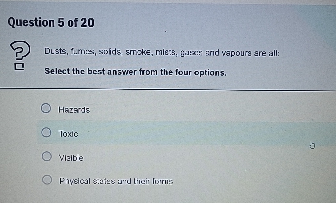 Solved Question 5 ﻿of 20Dusts, fumes, solids, smoke, mists, | Chegg.com