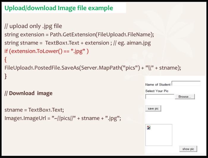 Solved // upload only .jpg file string extension = | Chegg.com