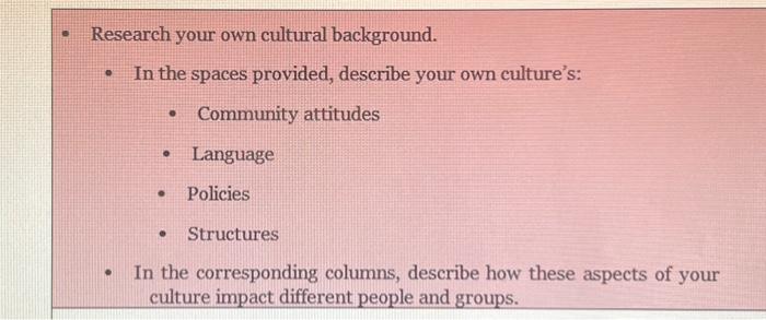 Solved Research your own cultural background. - In the | Chegg.com