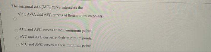 Solved The marginal cost (MC) curve intersects the ATC, AVC, | Chegg.com