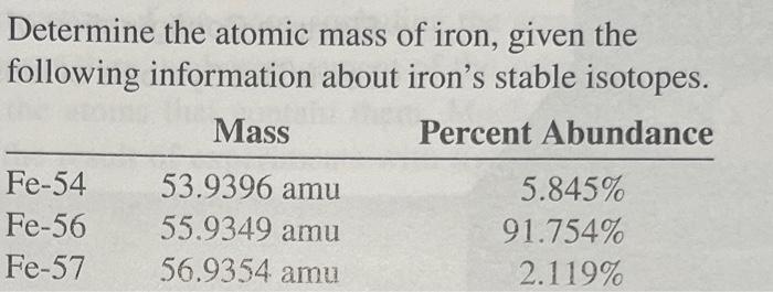 Solved Determine the atomic mass of iron, given the | Chegg.com