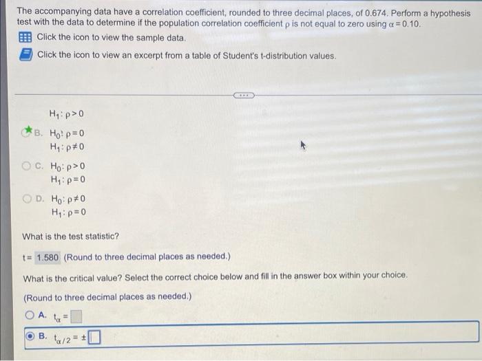 Solved The accompanying data have a correlation coefficient, | Chegg.com