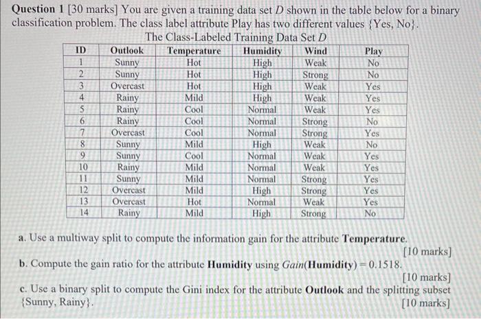 Solved Question 1 [ 30 marks] You are given a training data | Chegg.com