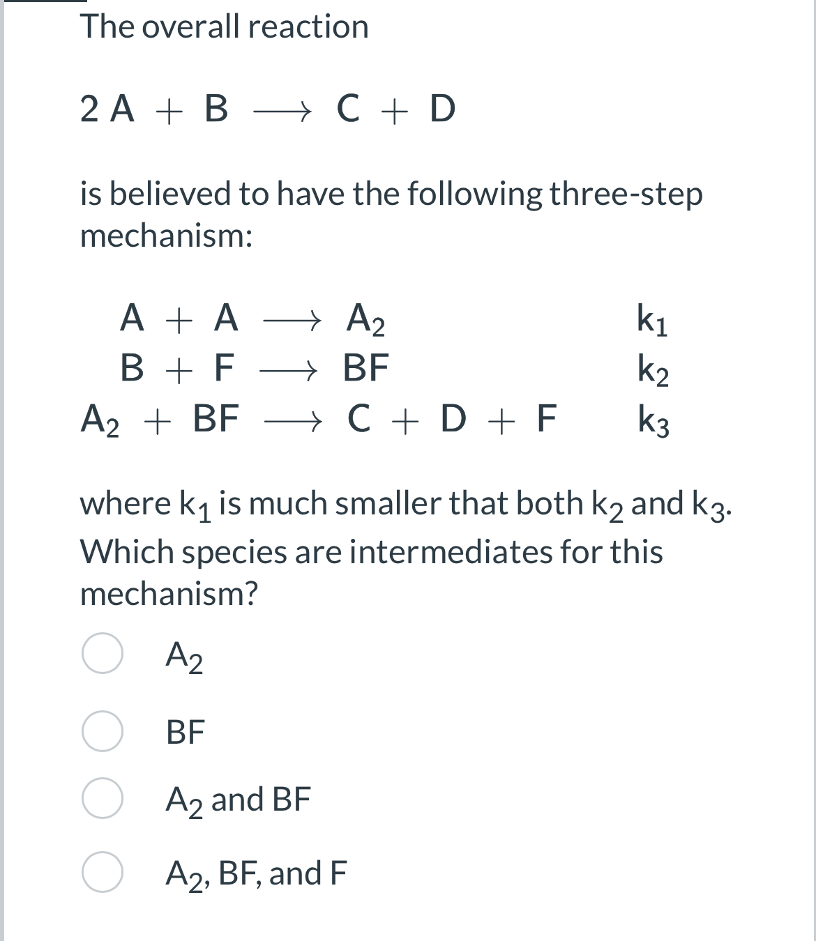 Solved The overall reaction2A+BlongrightarrowC+Dis believed | Chegg.com