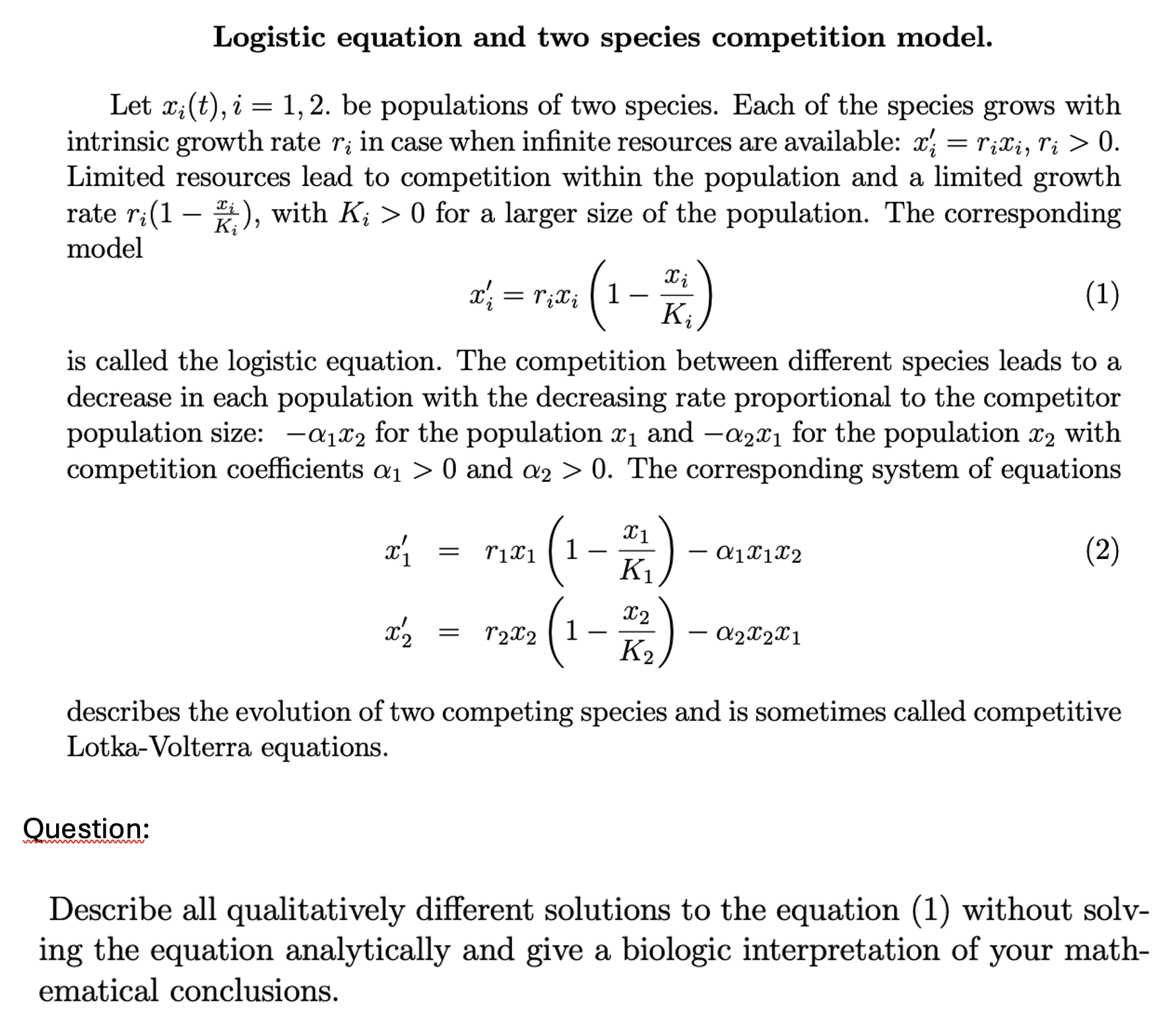 Solved Logistic equation and two species competition | Chegg.com
