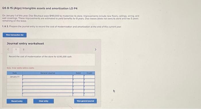Solved QS 8-15 (Algo) Intangible assets and amortization LO | Chegg.com