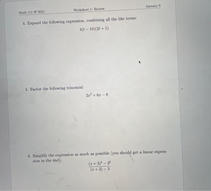 Solved January 6 Worksheet 1: Review Math 111 W 2021 4. | Chegg.com