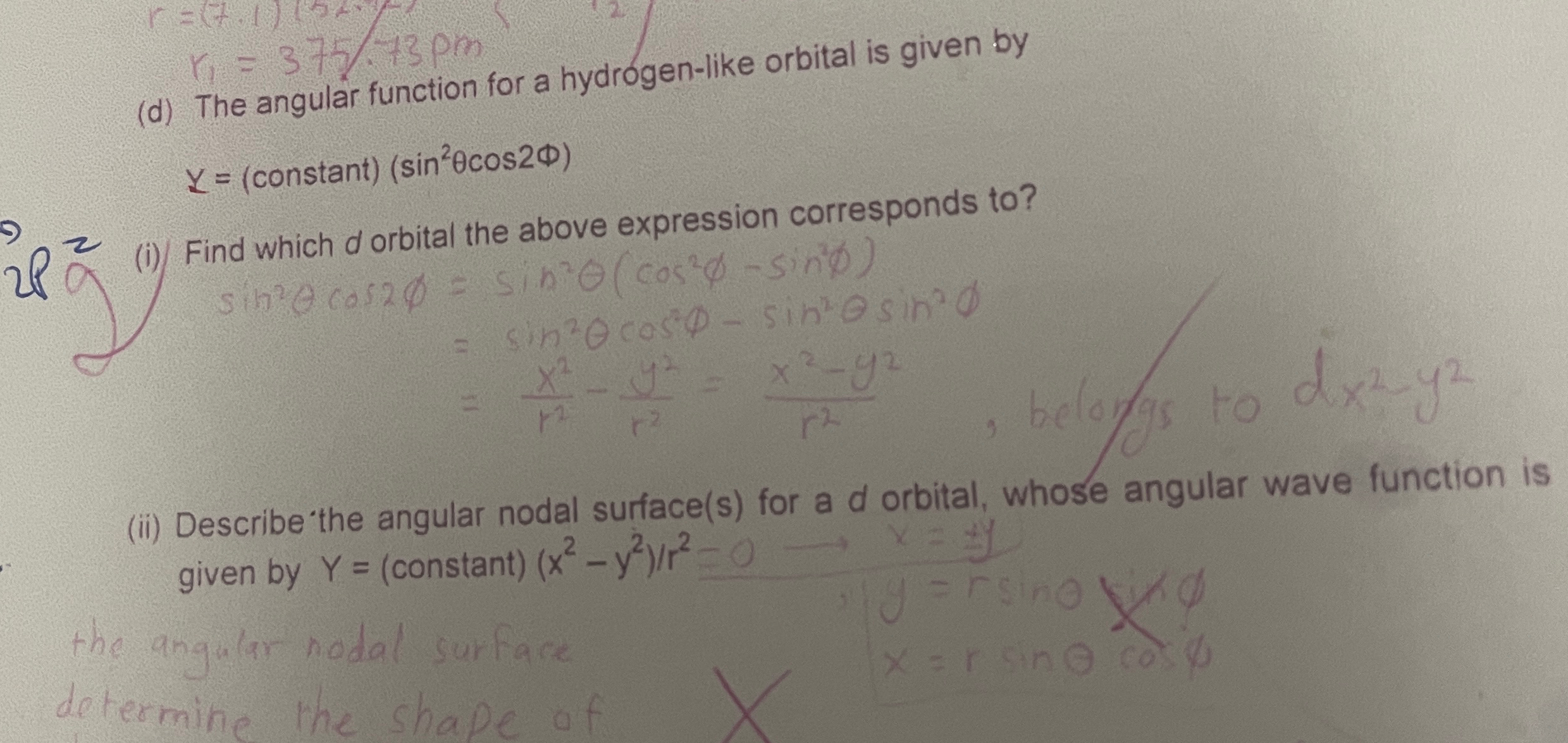 Solved D ﻿the Angular Function For A Hydrogen Like Orbital