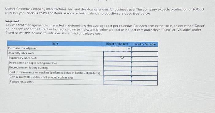 Solved Anchor Calendar Company manufactures wall and desktop | Chegg.com