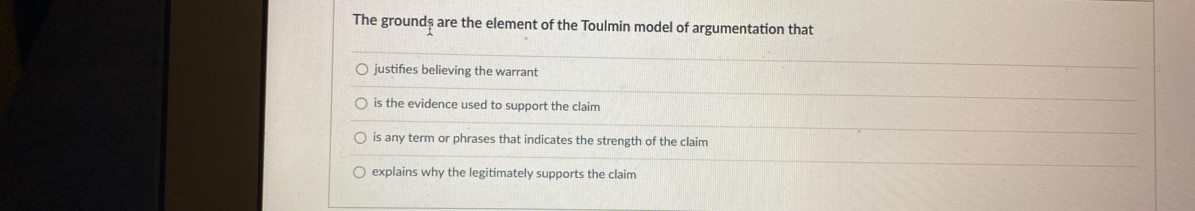 Solved The ground f ﻿are the element of the Toulmin model of | Chegg.com