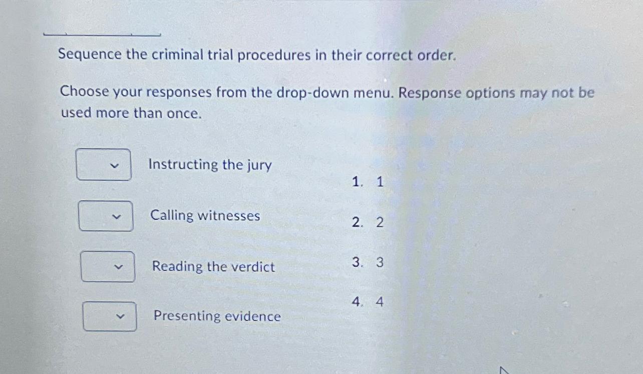 Solved Sequence the criminal trial procedures in their | Chegg.com