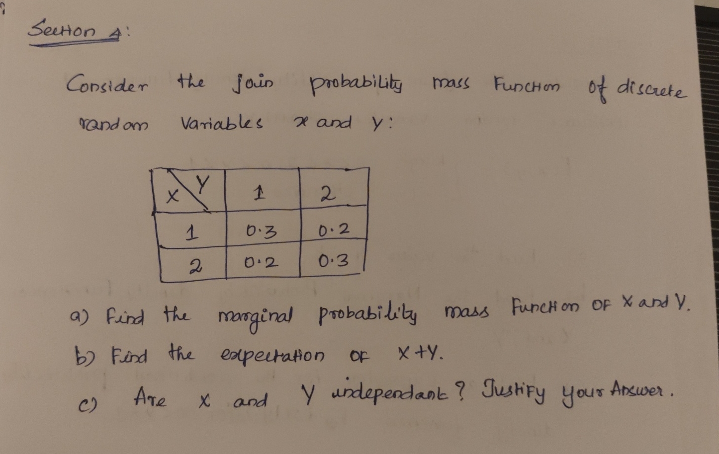 Solved Section 4:Consider the join probability mass function | Chegg.com