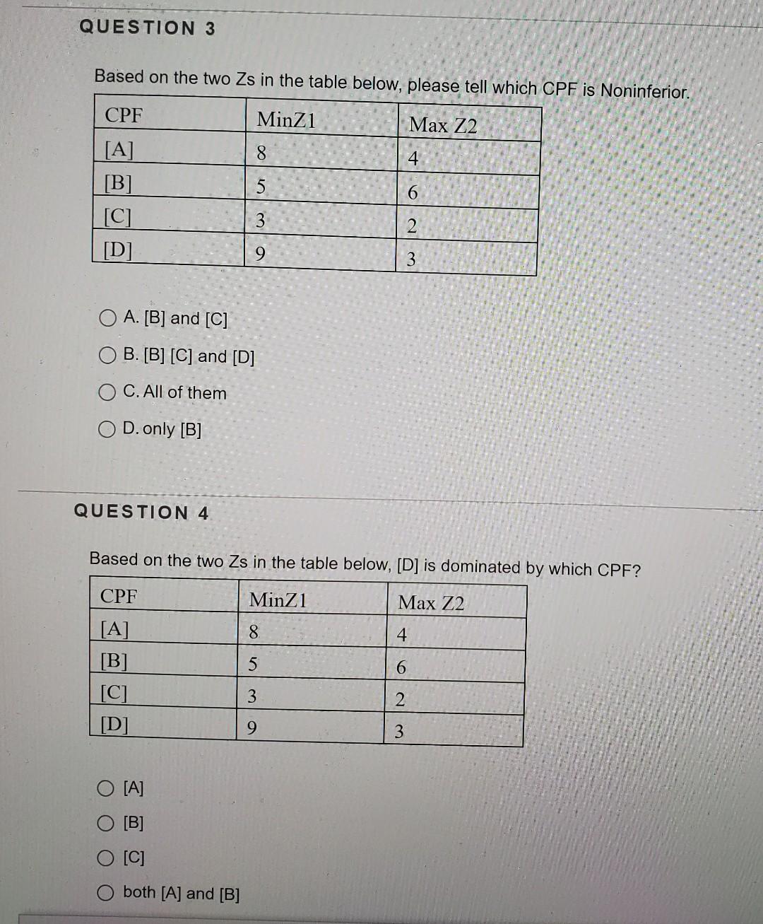 Solved QUESTION 3 Based on the two Zs in the table below, | Chegg.com