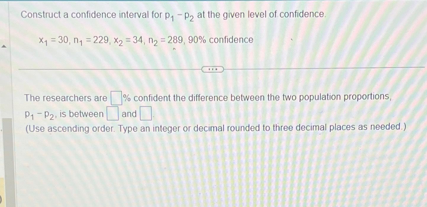 Solved Construct a confidence interval for p1-p2 ﻿at the | Chegg.com