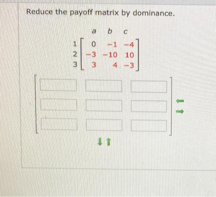 Solved Reduce the payoff matrix by dominance. b 4 12 O 1 310 | Chegg.com