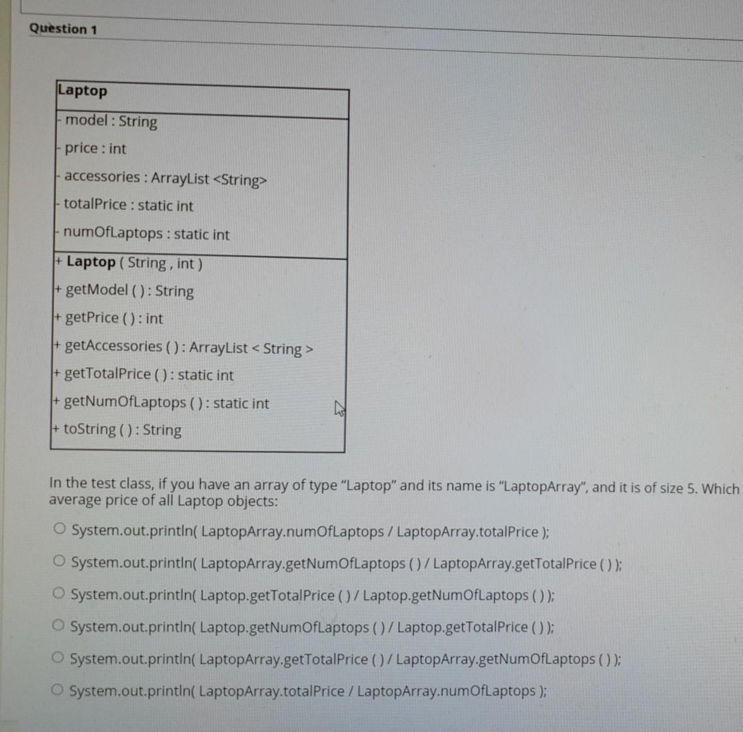 Solved Question 1 Laptop model : String price: int | Chegg.com